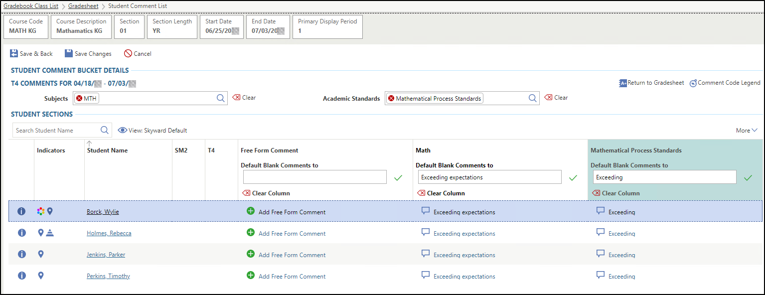 Entering Class Subject/Academic Standard Report Card Comments